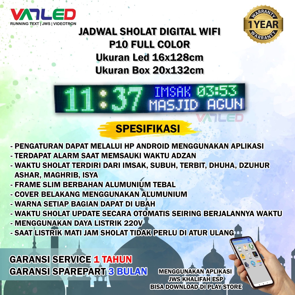 Jual Jam Masjid Jam Jadwal Sholat digital P10 FULLCOLOR 20x132cm ...