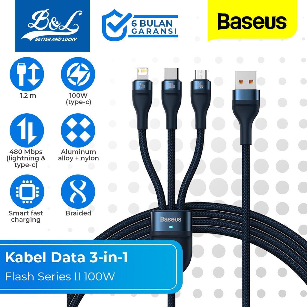 Jual BASEUS Flash Series II Kabel 3-in-1 USB to M+L+C 5A Fast Charging ...