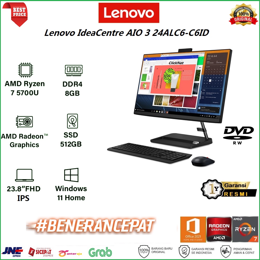 Jual Lenovo IdeaCentre AIO 3 24ALC6 C6ID AMD R7-5700U 8GB 512GB SSD ...