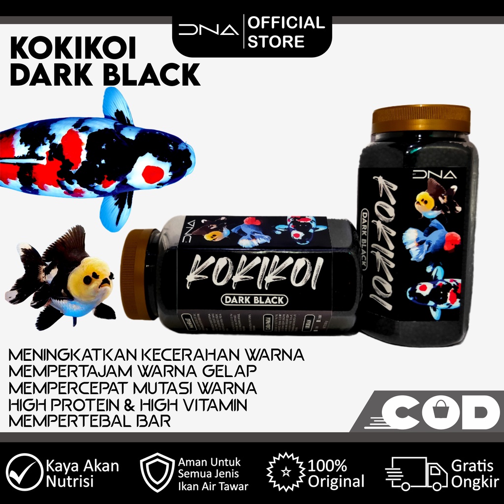 Jual KOKIKOI DARKGLOW 300 gr pakan untuk goldfish dan koi koki terbuat dari pewarna alami tinta ...