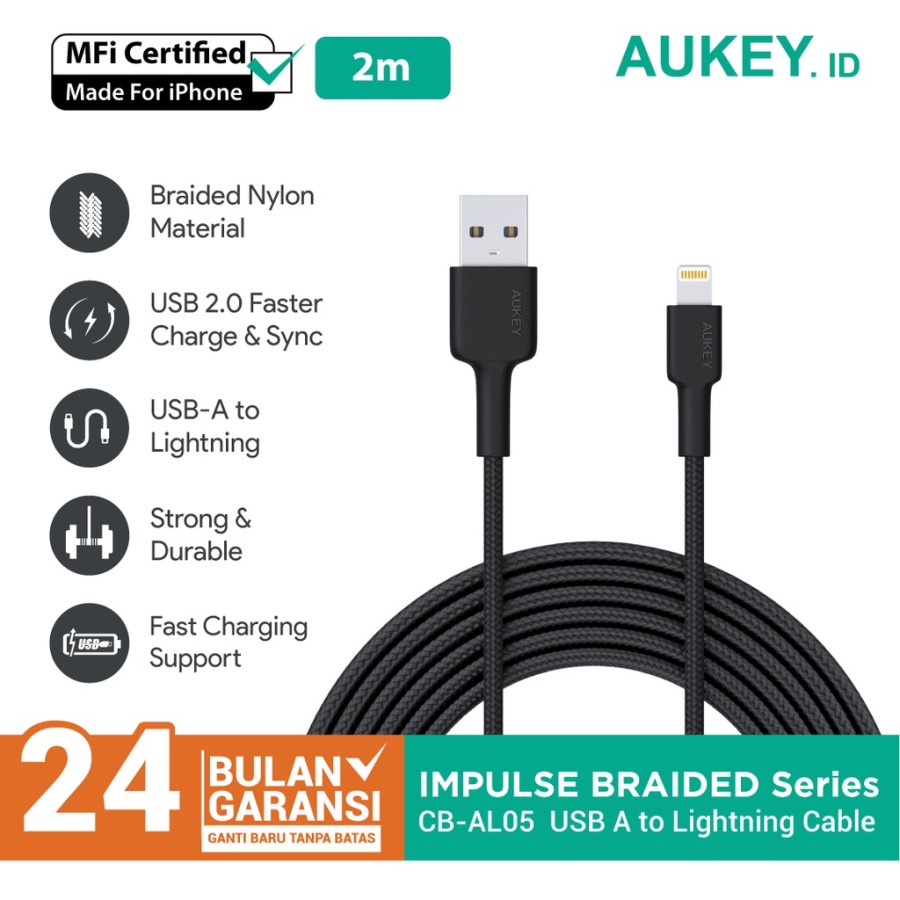 Jual Kabel Charger Aukey CB-AL05 2M USB-A to Lightning Mfi - 501526 | Shopee Indonesia