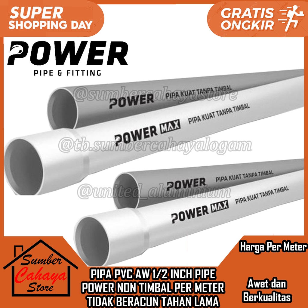 Jual PIPA PVC AW 1/2 Inch PUTIH ABU POWER NON TIMBAL PER 1 METER TIDAK ...