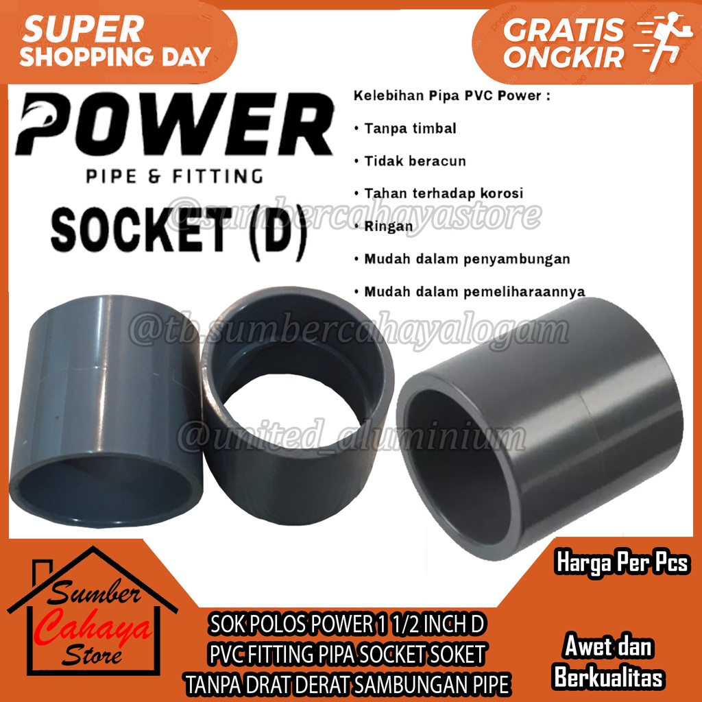 Jual SOK POLOS POWER 1 1/2 INCH D PVC FITTING PIPA SOCKET SOKET TANPA ...