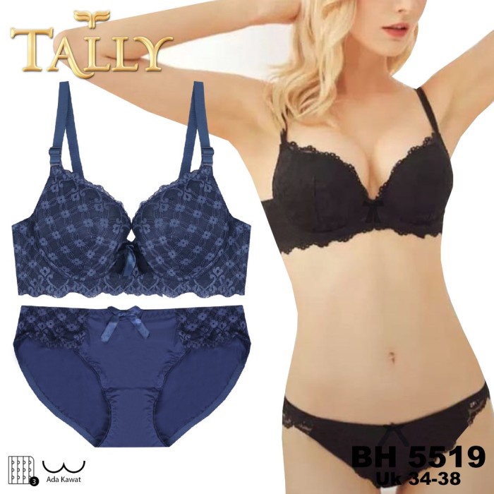 Jual NEW Bra Set Ada Kawat Bahan Brokat Busa Tipis CUP B Kait 3 TALLY BST055-19 - Hitam, 34 BH ...