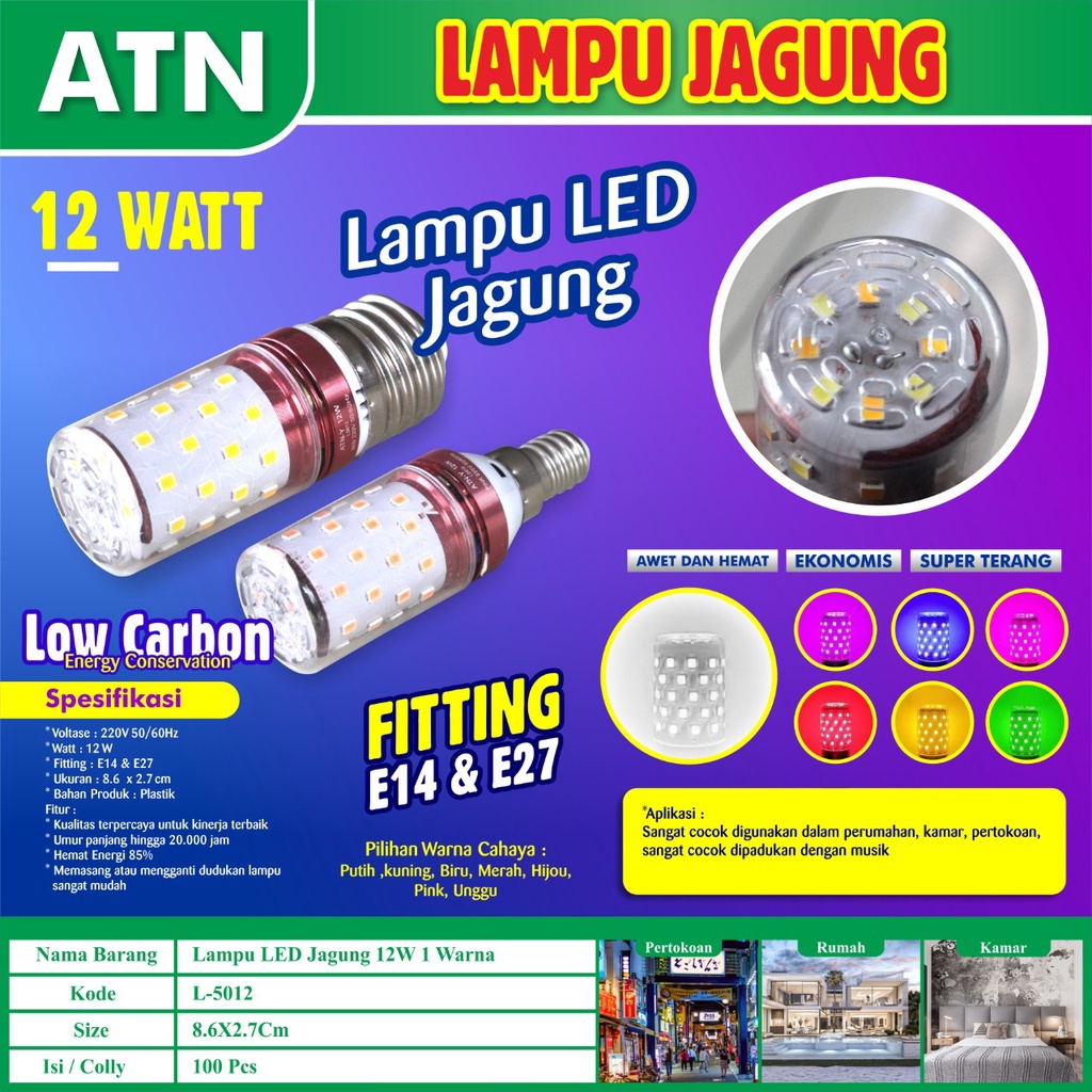 Jual COD-ATN lampu bohlam led 12w 3warna fiting e14 & e27 corn hias ...