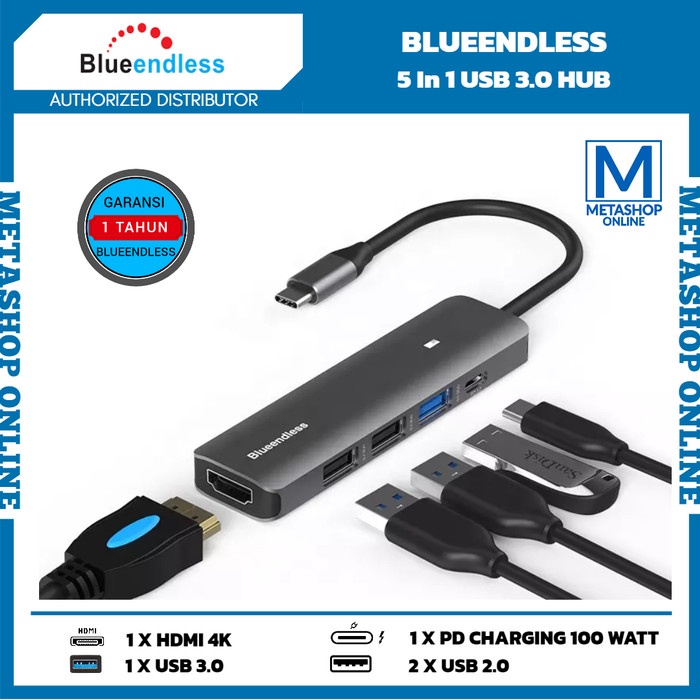 Jual BLUEENDLESS 5 in 1 USB 3.0 Type C HUB HDMI 4K PD Charging 100W USB ...
