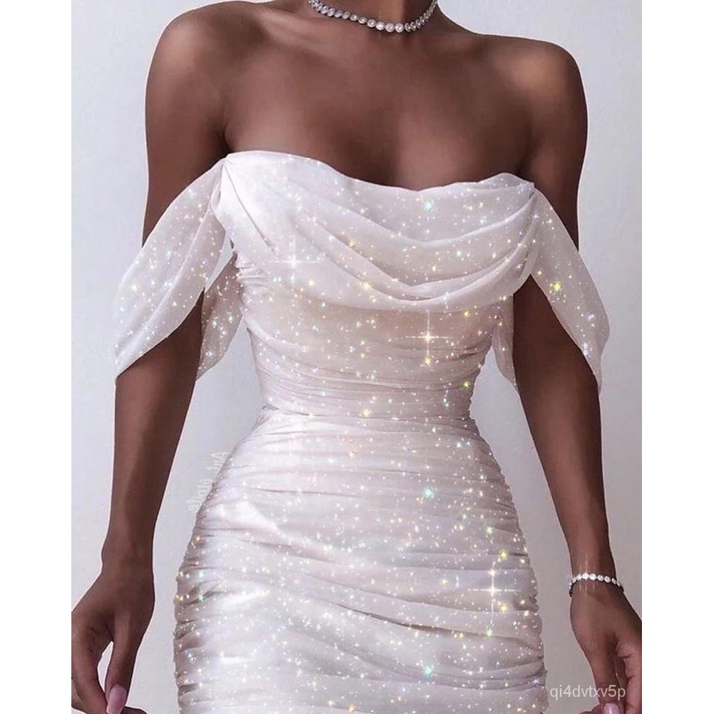 Jual Sexy Off Shouder Women Dress Glitter Sequin Summer White Dresses ...
