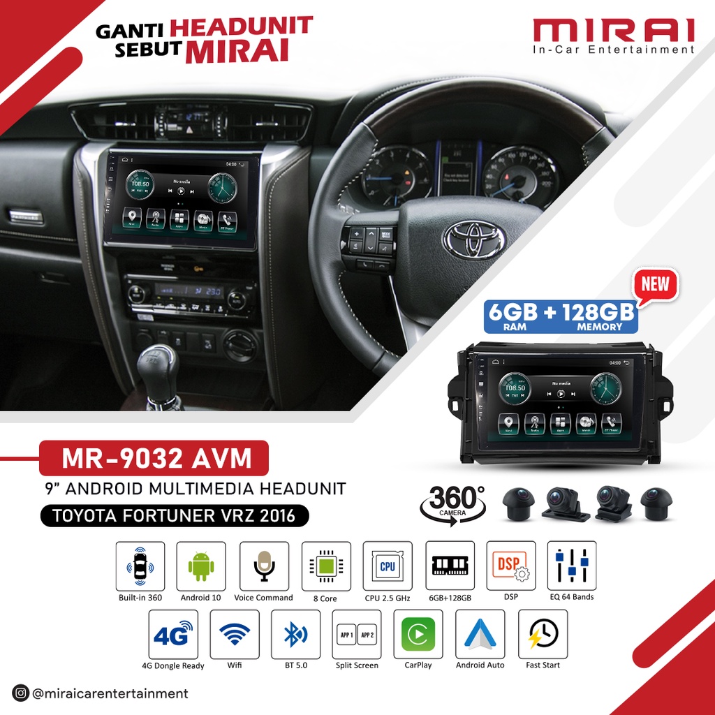 Jual Head unit Android Mirai 9032 AVM+Kamera 360 OEM Fortuner 2016 Ram ...