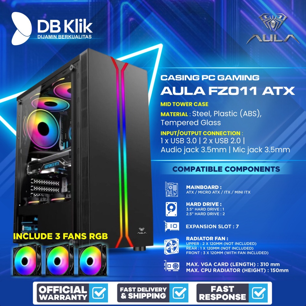 Jual Casing PC Gaming AULA FZ011 ATX include 3 Fan RGB - Casing AULA FZ ...