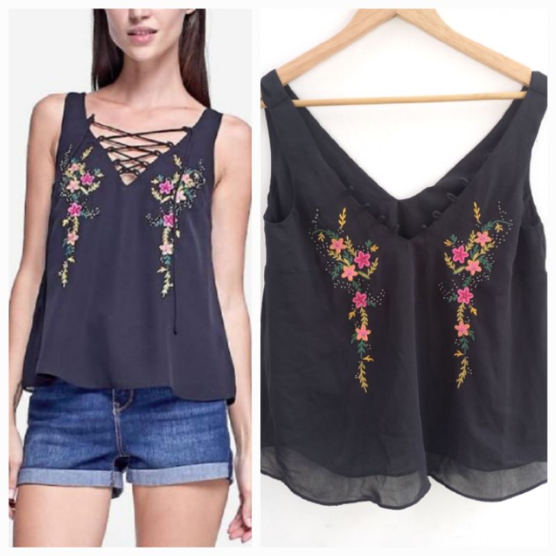 Jual STRADIVARIUS BLOUSE LACE UP TANK TOP HITAM EMBORDIERED BARU ASLI ...