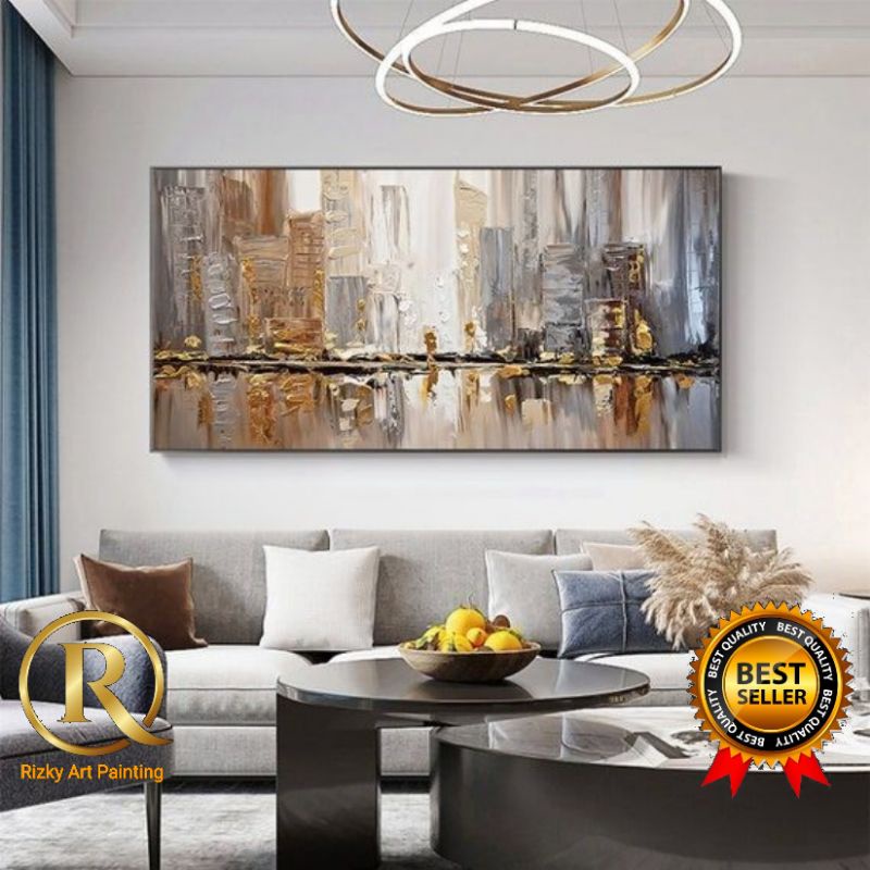 Jual Lukisan Abstrak Modern Gedung Plus Frame Siap Pajang | Shopee ...