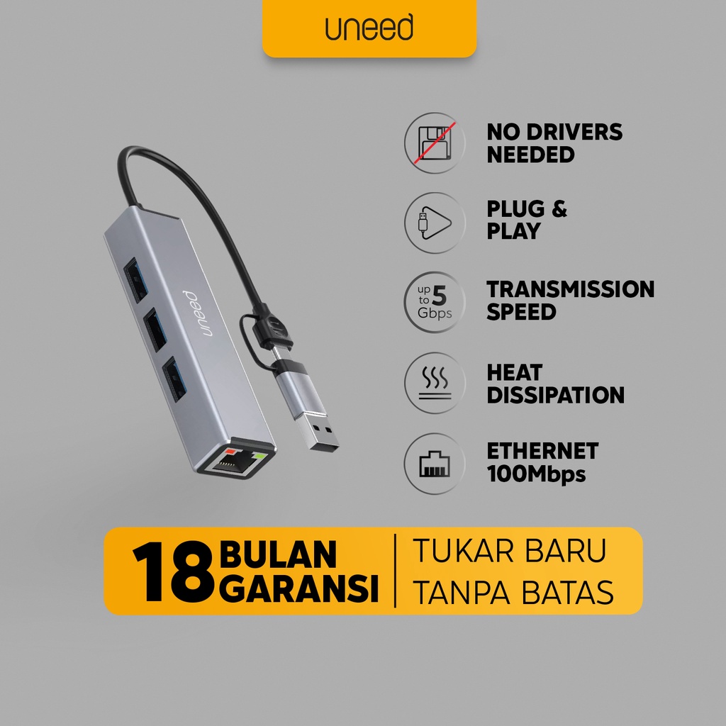 Jual UNEED USB Type C HUB to USB 3.0 + Gigabit Ethernet RJ45 - UUH203CA | Shopee Indonesia