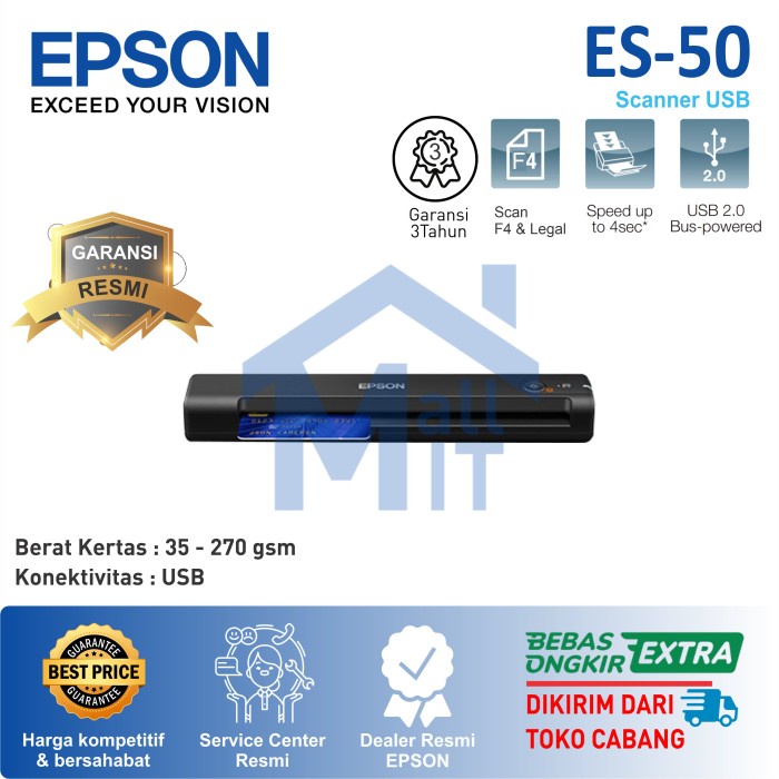 Jual Scanner Scanner Epson Es-50 Epson Es50 Epson Es 50 Legal F4 Adf A4 Portable | Shopee Indonesia