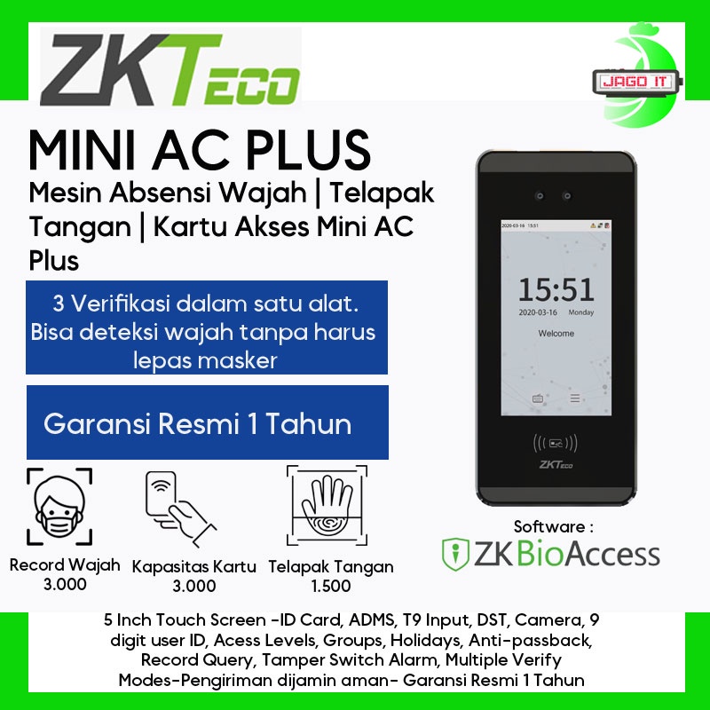 Jual Mesin Absensi | Mesin Absen Wajah Telapak Tangan ZKTEco Mini AC Plus | RFID MIFARE | Shopee ...
