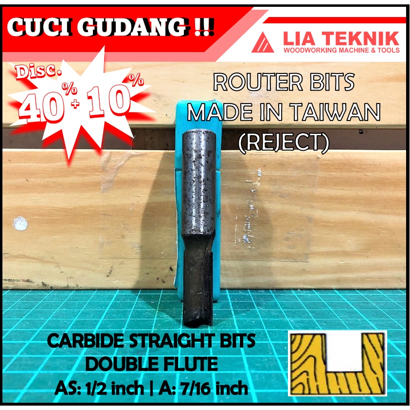 Jual 1/2"x7/16" Carbide Straight Bits Double Flute, Router Bits (Reject ...