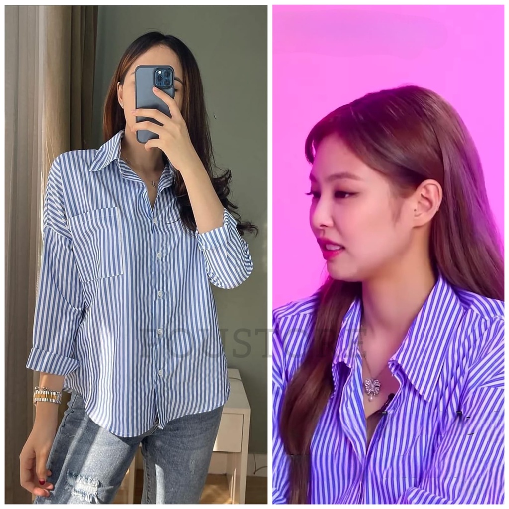 Jual SHIRT ALLSIZE BLUE STRIPE ONE POCKET OUTFIT BLACKPINK KIM-JENNIE ...