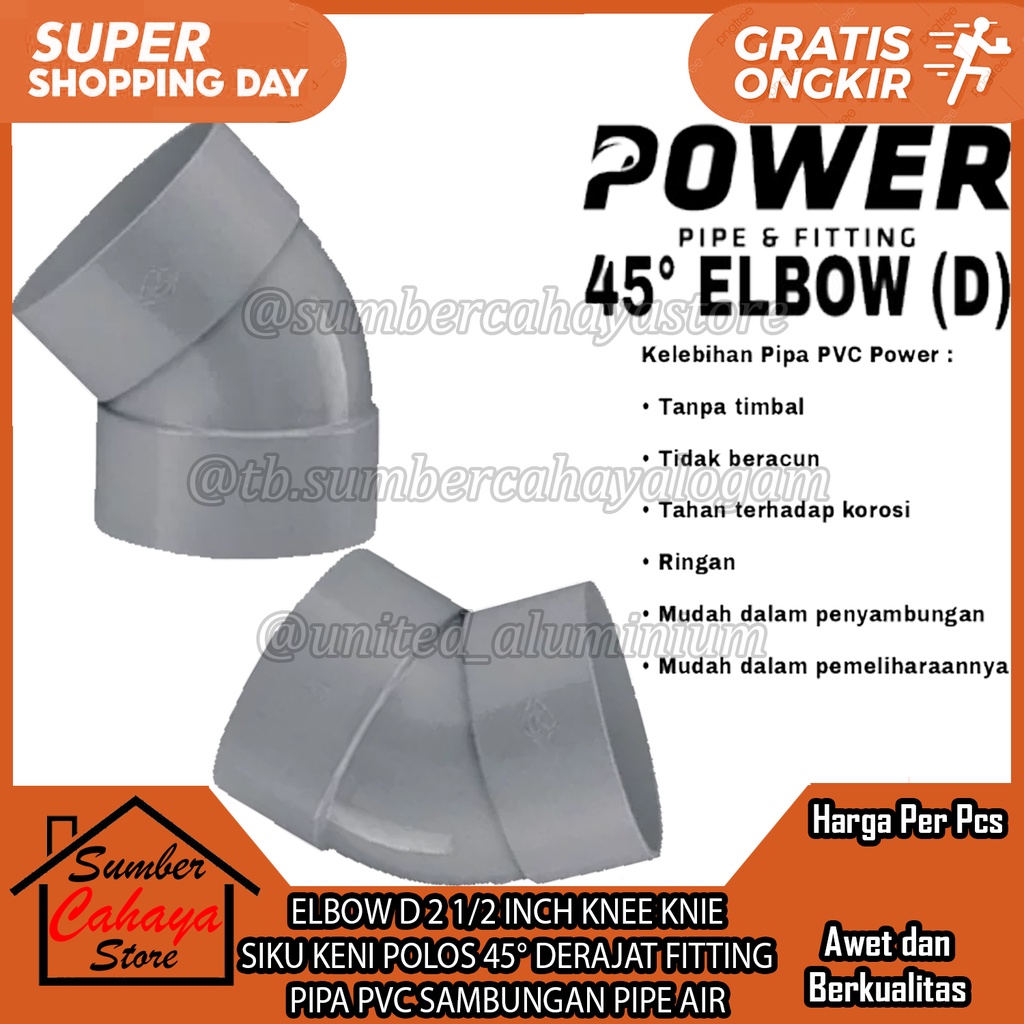 Jual ELBOW D 45° DERAJAT POWER KNEE 2 1/2" INCH KNIE SIKU KENI POLOS FITTING PIPA PVC BELOKAN ...