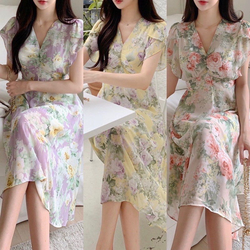 Jual D1067 RYO KOREAN STYLE FLORAL VINTAGE MIDI DRESS VNECK PANTAI BALI ...
