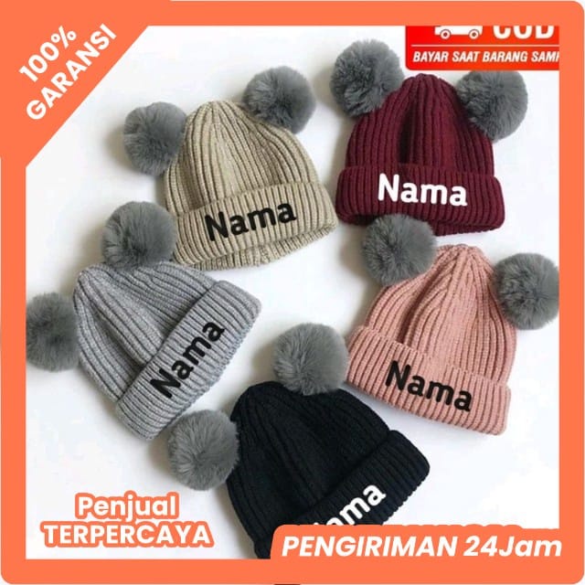 Jual Kupluk Bayi Pompom Jambul Dua Pria Wanita Bisa Bordir Nama Costom ...