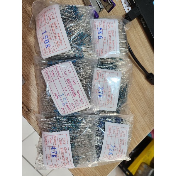 Jual resistor 1/4 watt 1% per BUNGKUS 1000pcs 150K 1M 1R 2K7 2K2 560R dan ukuran lainnya ...