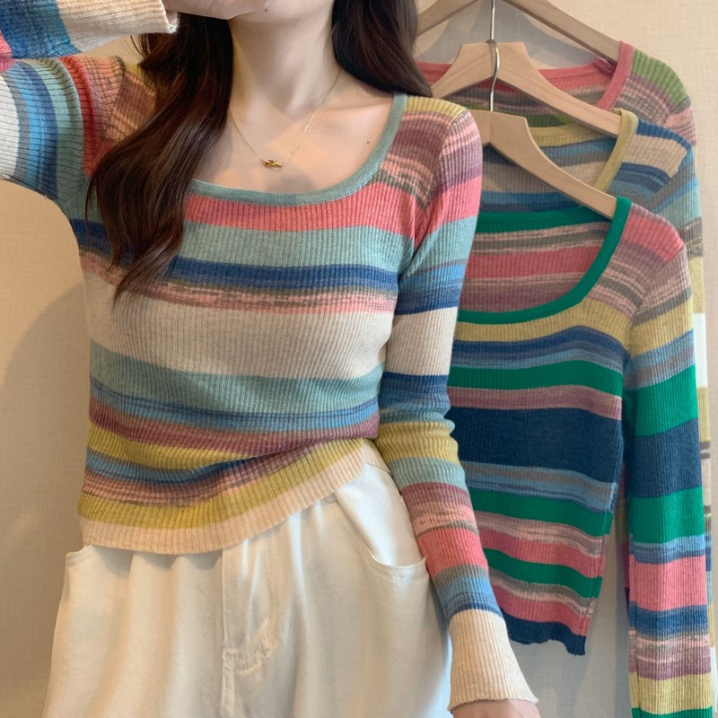 Jual Rainbow Stripe Pakaian Rajut Wanita Gaya Korea Atasan Lengan Panjang Ramping Ramping ...