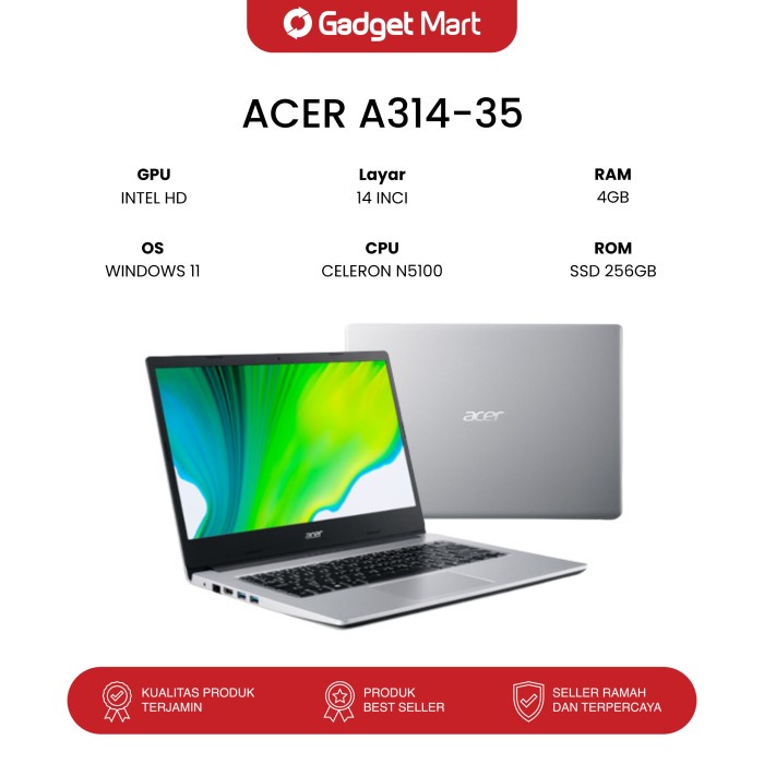Jual Laptop ACER A314-35 N5100 4GB SSD 256GB W11 OHS21 14 | Shopee ...