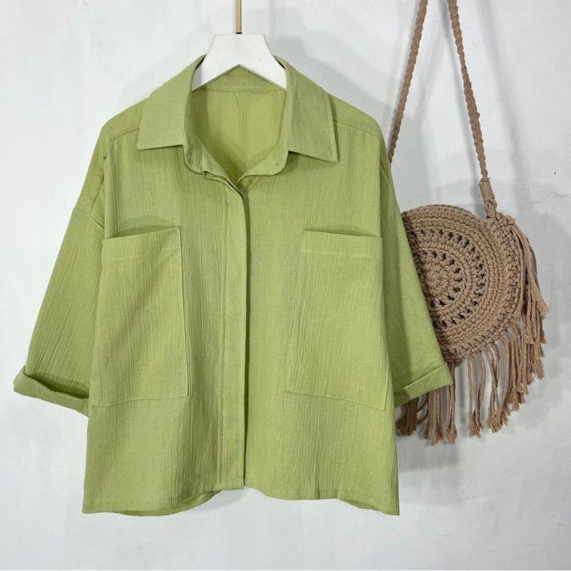 Jual Kemeja Wanita Linen Pocket - Oversized Linen Shirt - Atasan Wanita ...