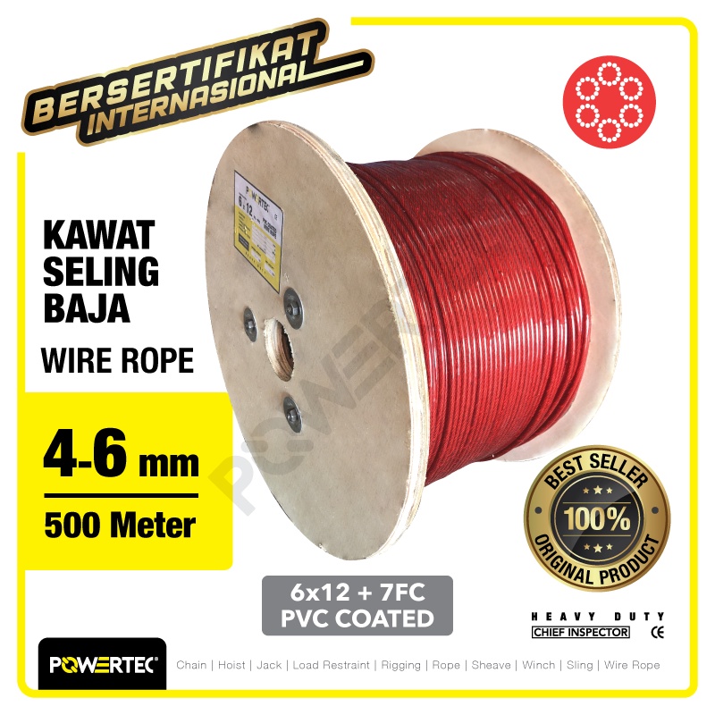 Jual POWERTEC Wire Rope / Kawat Seling Baja 6x12 7FC PVC 4-6mm Merah - 500m | Shopee Indonesia