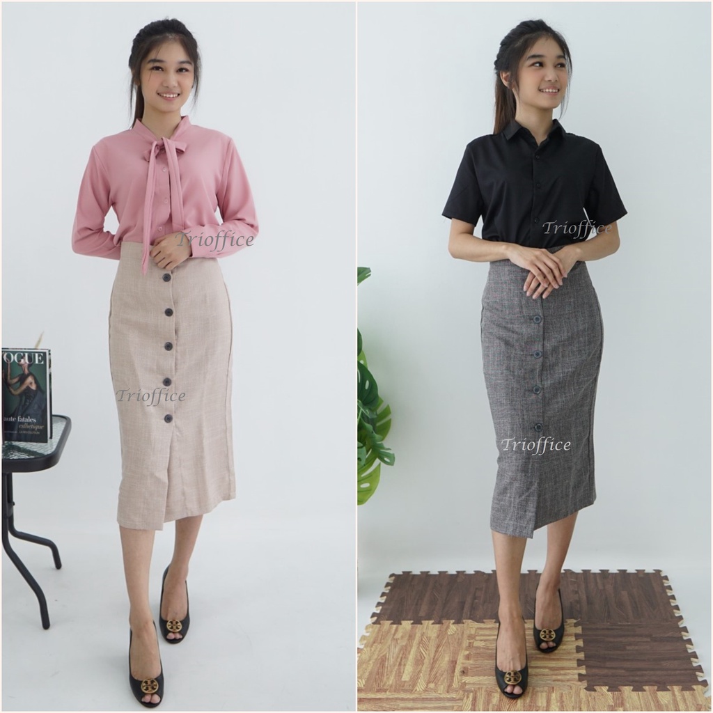 Jual Rok Span Model Kancing Belahan Depan Linen Midi 7/8 | Shopee Indonesia