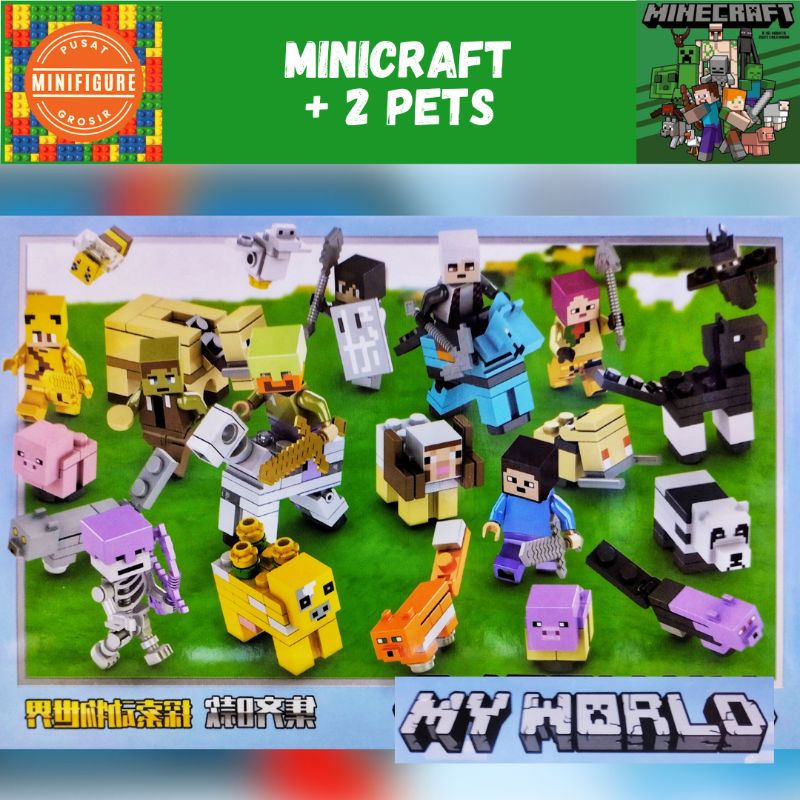 Jual mainan bricks figure minicraft + dua karakter binatang mobs pet ...