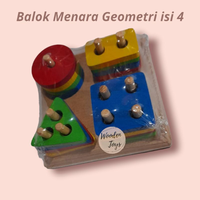 Jual Wooden Toys Balok Menara Geometri 4 / Menara Geometri 5 / Menara ...