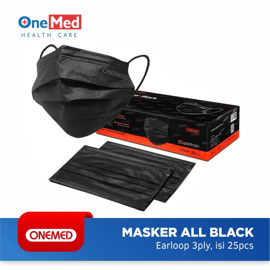 Jual ONEMED Masker Karet Medis 3ply All Black Box Isi 25 OOF | Shopee ...