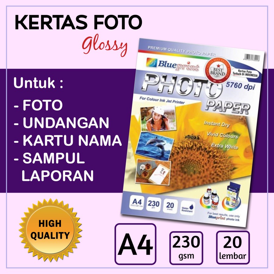Jual Kertas Foto A4 BLUEPRINT Glossy Photo Paper 230 Micron - 20 Lembar | Shopee Indonesia