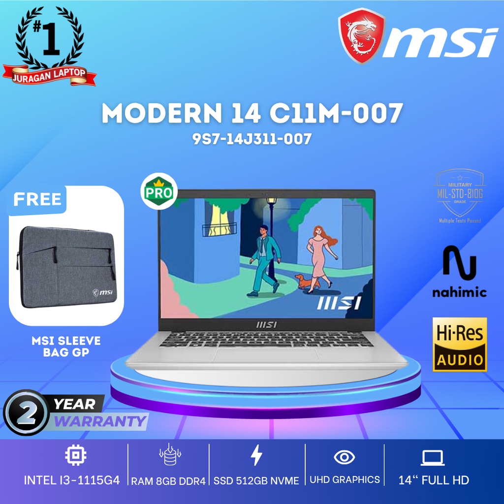 Jual LAPTOP MSI MODERN 14 C11M-007 | I3-1115G4 8GB 512GB UHD 14" FHD W11 | Shopee Indonesia