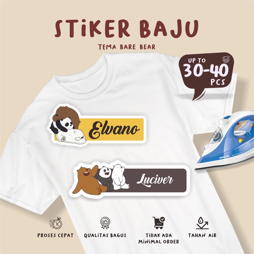 Jual (30-40pcs) Stiker Kain Dtf Label Baju Nama Anak tema BARE BEARS ...
