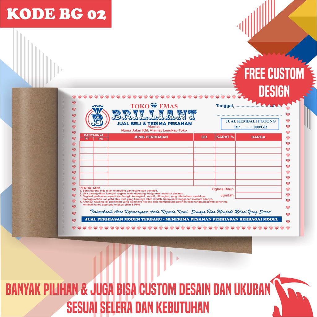 Jual CETAK NOTA/KWITANSI TOKO EMAS,TOKO BANGUNAN DLL, UKURAN 11X16CM ...