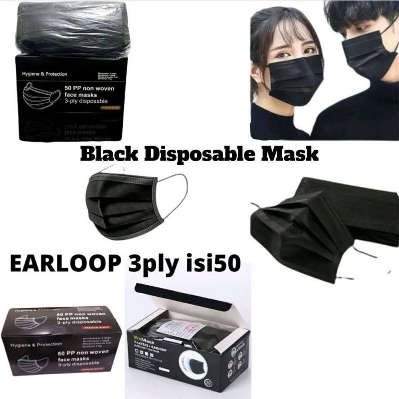Jual EARLOOP MASK 3 PLY ISI 50 PCS PER BOX WARNA HITAM | Shopee Indonesia