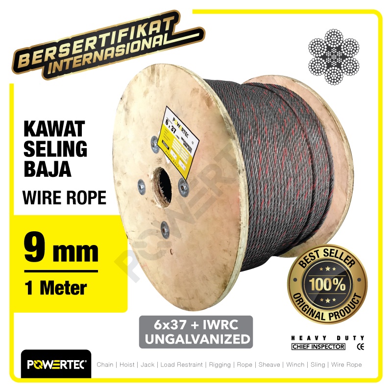 Jual POWERTEC Wire Rope / Kawat Seling Baja 6x37 IWRC 9mm Ungalv - 1 Meter | Shopee Indonesia