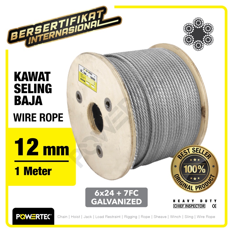 Jual POWERTEC Wire Rope / Kawat Seling Baja 6x24 7FC 12mm Galv - 1 Meter | Shopee Indonesia