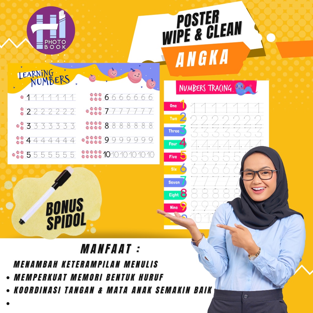 Jual Poster ANGKA NUMBER tracing edukasi anak WIPE & CLEAN Free Spidol ...