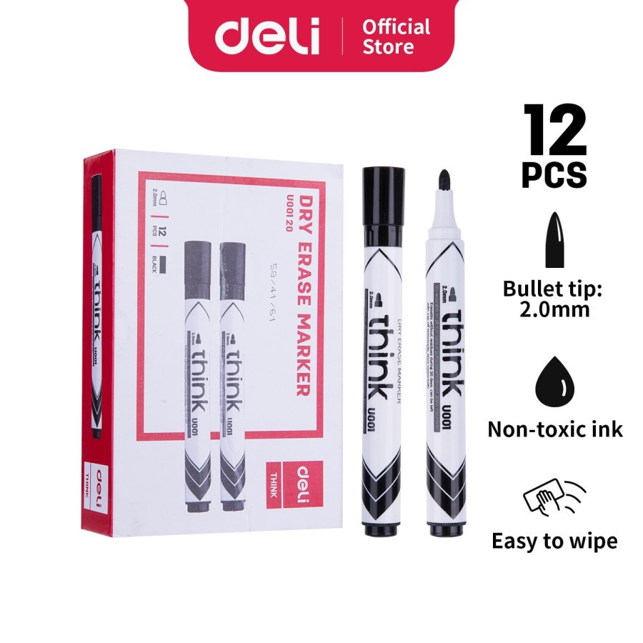 Jual Spidol Whiteboard Deli Think Dry Erase Marker EU00120 (Pcs ...