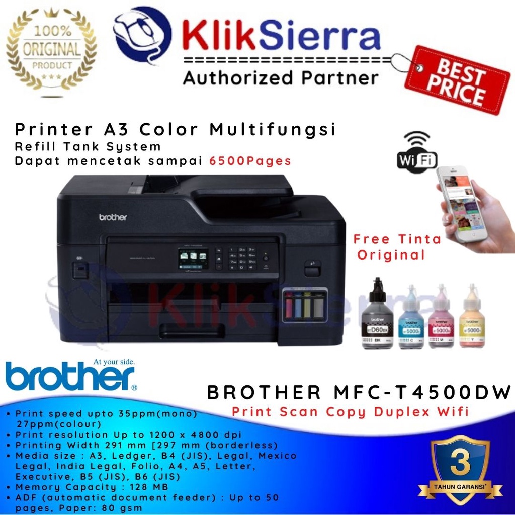 Jual PRINTER A3 BROTHER MFC-T4500DW T4500 Duplex WiFi Fax Printer Inkjet All In One ...