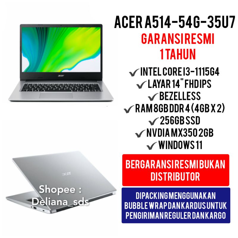Jual Laptop Acer A514-54G-35U7 Intel Core I3 1115G4 Garansi Resmi 1 Tahun Laptop Acer A514 54G ...