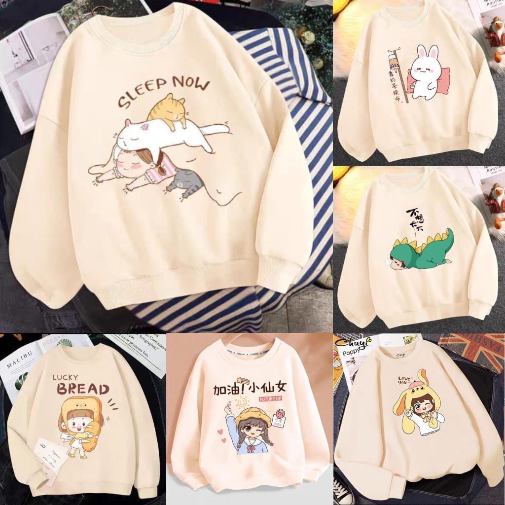 Jual CREAM SERIES SWEATER CREWNECK WANITA GAMBAR KARTUN LUCU CREAM ...