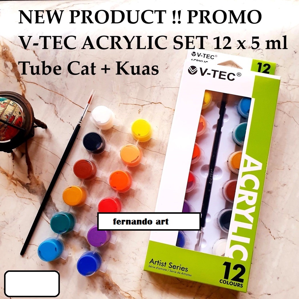 Jual Cat Lukis Akrilik V-Tec dan Kuas Set Isi 12 Warna Dasar 5 ml Plus ...