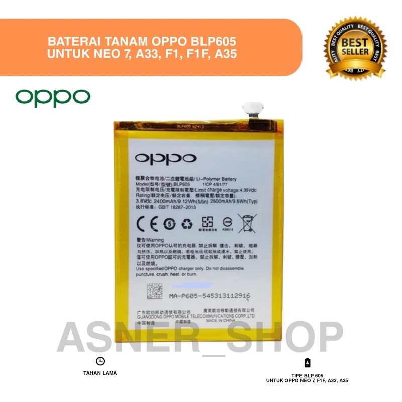 Jual Baterai Oppo BLP605 Neo 7 Bat F1 Neo7 F1F A33 BLP 605 Batre tanam ...