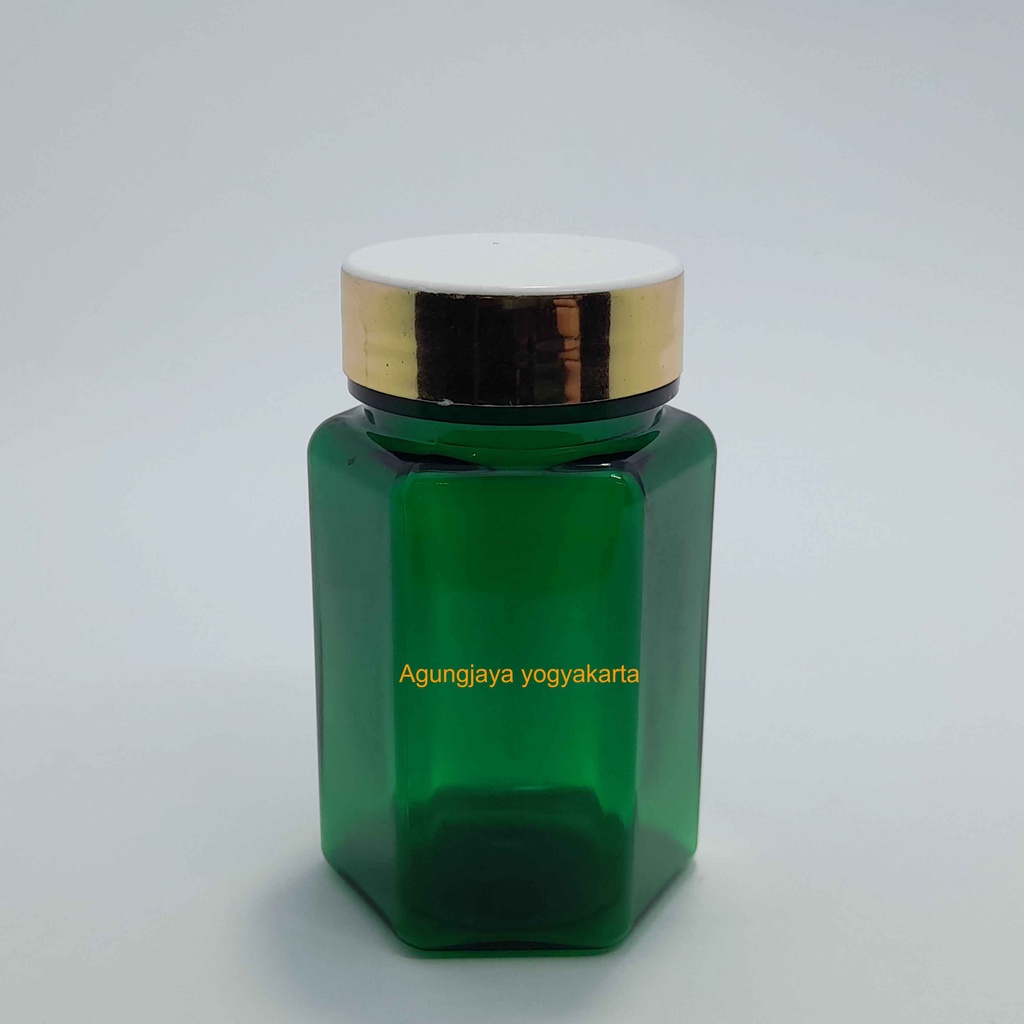 Jual Botol Obat 100 ml Segi Enam Tutup Chrome List Emas / Botol Obat ...