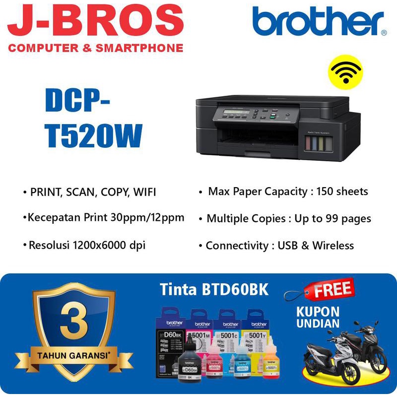 Jual Printer Brother Ink DCP-T520DW Print-Copy-Scan | Shopee Indonesia