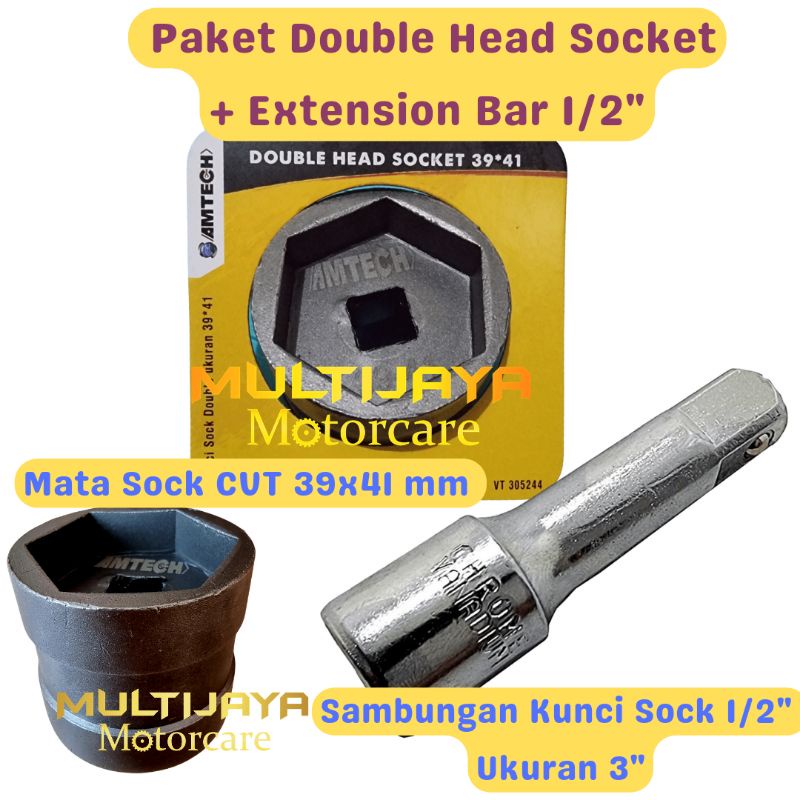 Jual Paket Double Head Socket Mata Sock Blok CVT 39x41 mm + Extension Bar 3" 5" Sambungan Kunci ...