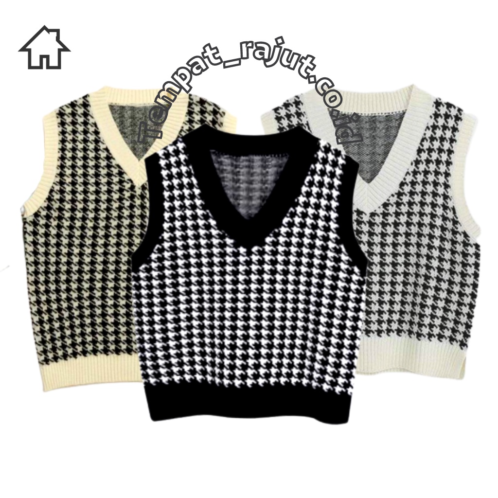 Jual Rompi Rajut Wanita motif Houndstooth Vneck Korean Style | Shopee ...